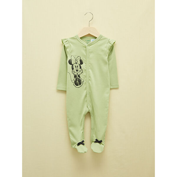 V Yaka Uzun Kollu Organik Pamuklu Minnie Mouse Baskılı Kız Bebek Tulum