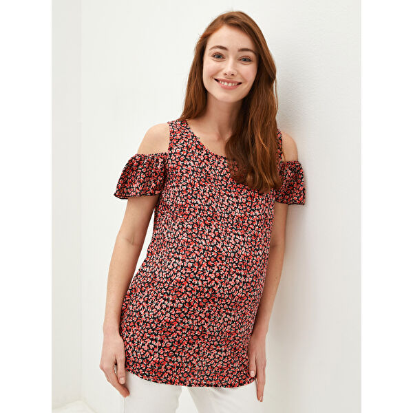 Bisiklet Yaka Baskılı Fırfır Detaylı Poplin Hamile Bluz