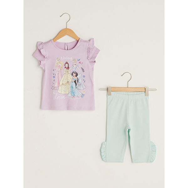 Bisiklet Yaka Kısa Kollu Princess Baskılı Kız Bebek Tişört ve Tayt 2'li Takım Bisiklet Yaka Kısa Kollu Princess Baskılı Kız Bebek Tişört ve Tayt 2'li Takım