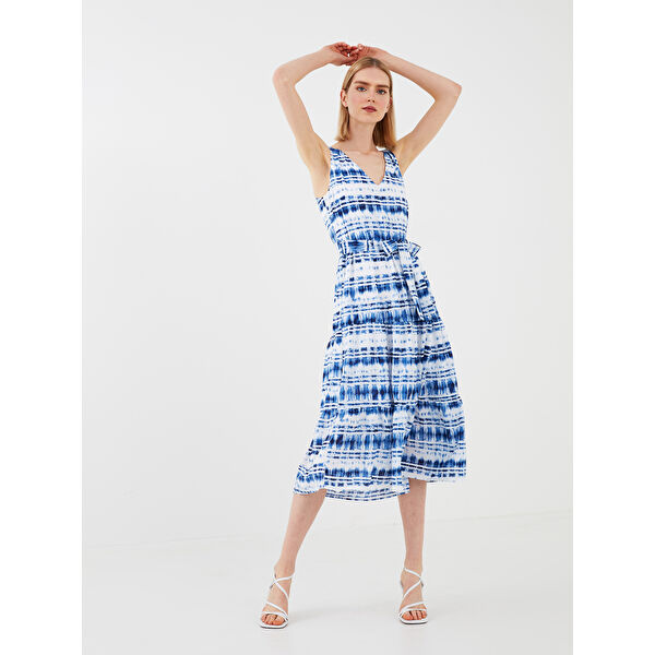 LCW VISION V Yaka Kolsuz Desenli Beli Kemerli Krinkle Kumaş Kadın Elbise