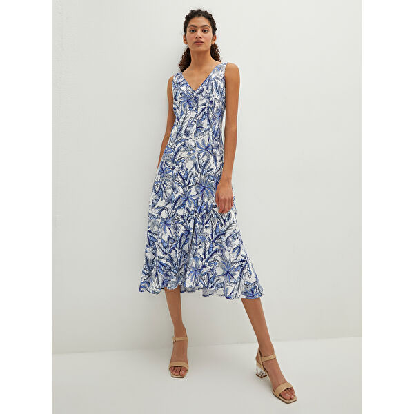 LCW VISION V Yaka Desenli Önden Düğmeli Kadın Elbise