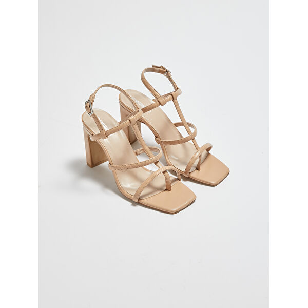 Deri Görünümlü Topuklu Kadın Sandalet