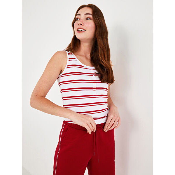 LCW BASIC U Yaka Çizgili Kolsuz Düğmeli Pamuklu Kadın Atlet