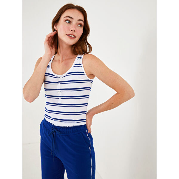 LCW BASIC U Yaka Çizgili Kolsuz Düğmeli Pamuklu Kadın Atlet