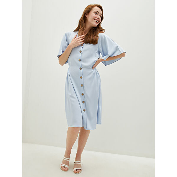 LCW CLASSIC V Yaka Düz Önden Düğmeli A Kesim Viskon Kadın Elbise