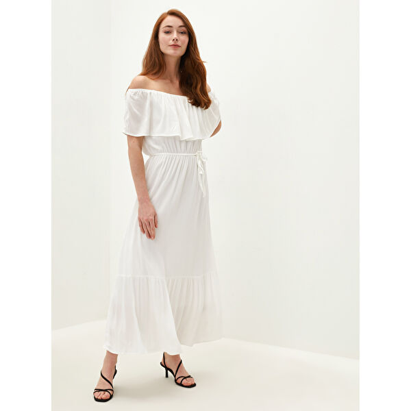 LCW CLASSIC Kayık Yaka Düz Fırfır Detaylı Kısa Kollu A Kesim Krinkle Kumaş Kadın Elbise LCW CLASSIC Kayık Yaka Düz Fırfır Detaylı Kısa Kollu A Kesim Krinkle Kumaş Kadın Elbise