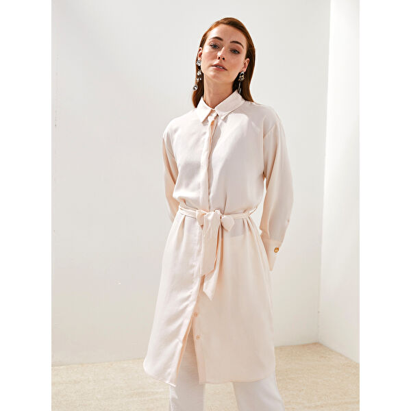 MODEST Düğmeli Gömlek Yaka Uzun Kollu Beli Kuşaklı Kadın Tunik