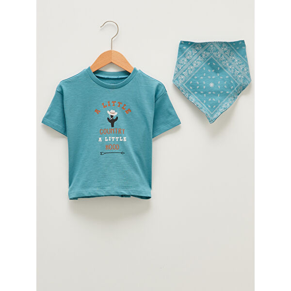 Bisiklet Yaka Kısa Kollu Baskılı Erkek Bebek Tişört ve Bandana 2'li Takım