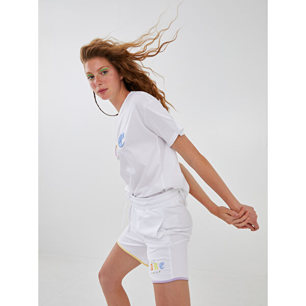 XSIDE Bisiklet Yaka Nakışlı Kısa Kollu Pamuklu Oversize Kadın Tişört