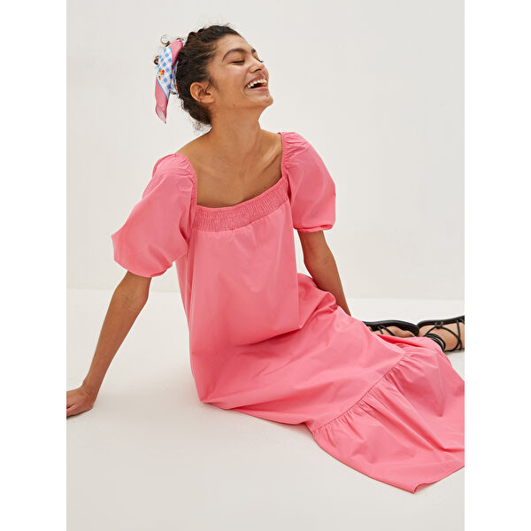 LCW CASUAL Kare Yaka Düz Balon Kollu Poplin Kadın Elbise