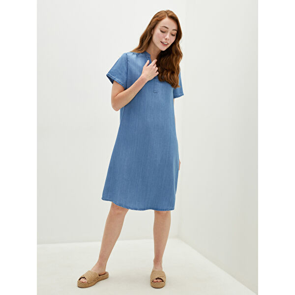 Kaçık Yaka Düz Kısa Kollu Kadın Jean Elbise