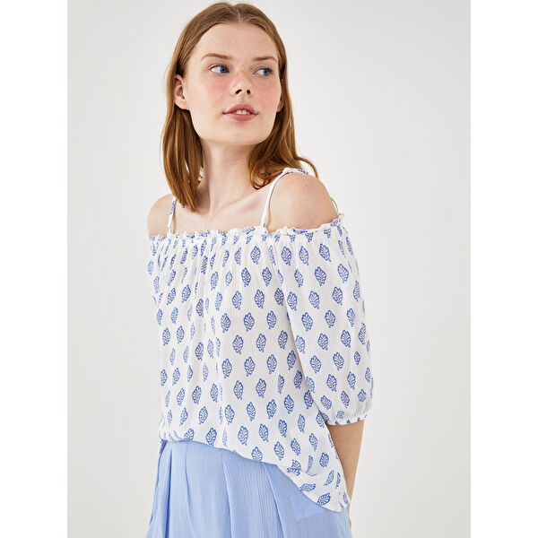 Kayık Yaka Desenli Askılı Krinkle Kumaş Kadın Bluz