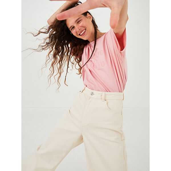 XSIDE Bisiklet Yaka Nakışlı Kısa Kollu Pamuklu Kadın Tişört