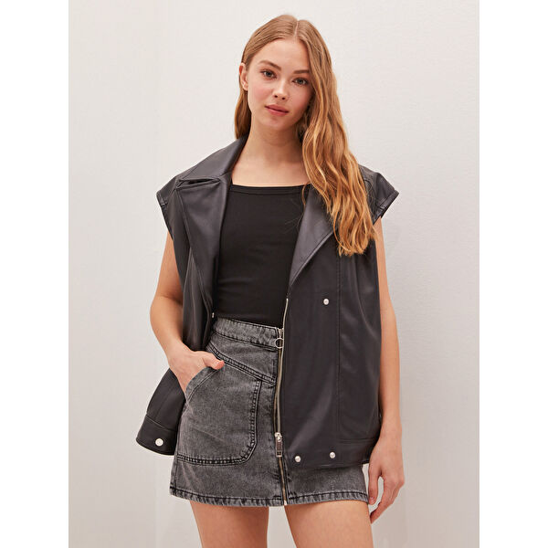 Şal Yaka Düz Fermuar Kapamalı Deri Görünümlü Kadın Yelek