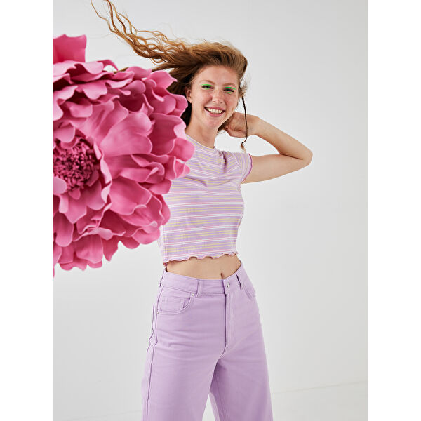 XSIDE Bisiklet Yaka Çizgili Kısa Kollu Crop Kaşkorse Kumaş Kadın Tişört