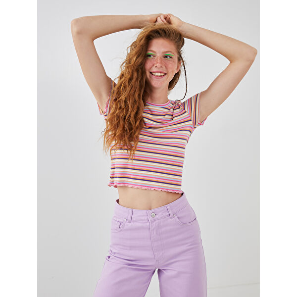 XSIDE Bisiklet Yaka Çizgili Kısa Kollu Crop Kaşkorse Kumaş Kadın Tişört XSIDE Bisiklet Yaka Çizgili Kısa Kollu Crop Kaşkorse Kumaş Kadın Tişört