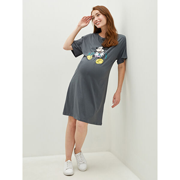 Bisiklet Yaka Mickey Mouse Baskılı Kısa Kollu Hamile Elbise