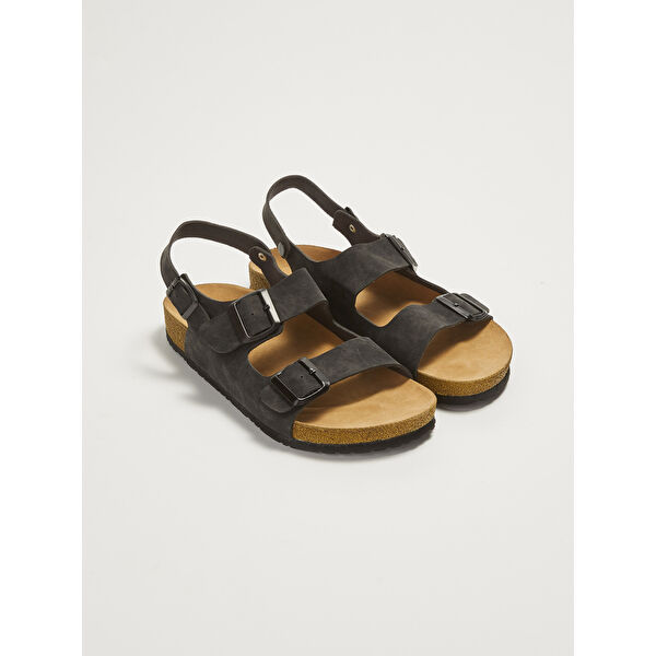 Çift Tokalı Deri Görünümlü Erkek Sandalet