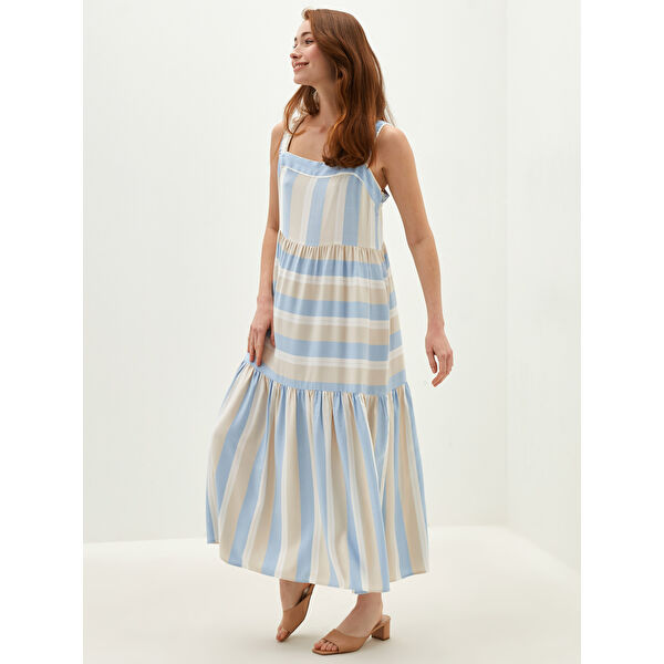 LCW CLASSIC Kare Yaka Askılı Çizgili Viskon Kadın Elbise