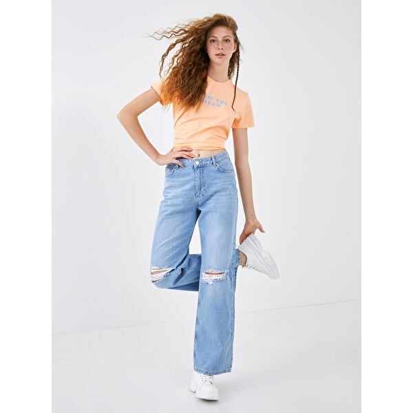 XSIDE Geniş Paça Yırtık Desenli Kadın Jean Pantolon