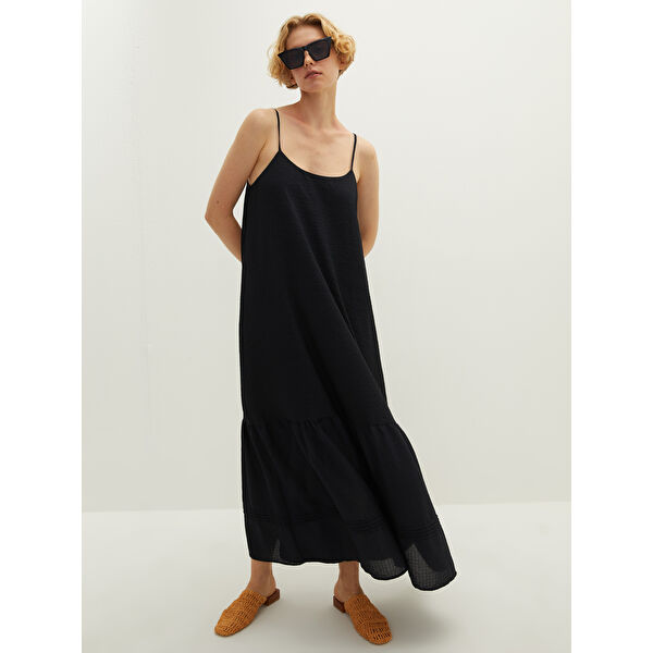 İp Askılı U Yaka Fırfır Detaylı Gofre Kumaş Kadın Elbise