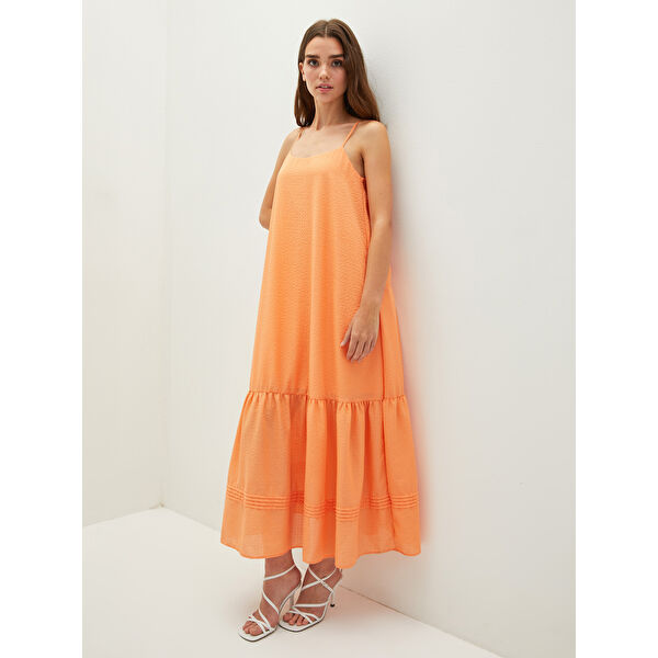 LCW VISION İp Askılı U Yaka Fırfır Detaylı Gofre Kumaş Kadın Elbise