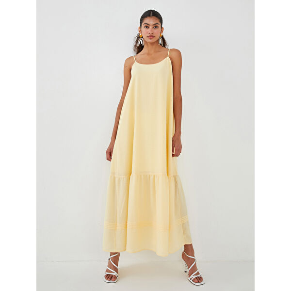 LCW VISION İp Askılı U Yaka Fırfır Detaylı Gofre Kumaş Kadın Elbise