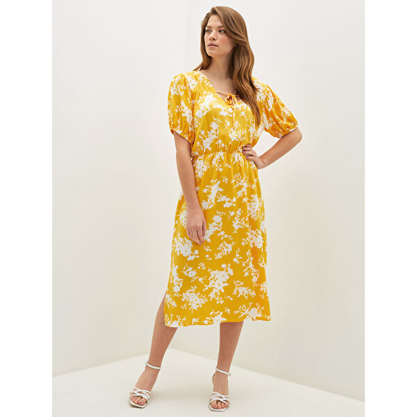 Bağlamalı Yaka Çiçekli Kısa Kollu Krinkle Kumaş Kadın Elbise Bağlamalı Yaka Çiçekli Kısa Kollu Krinkle Kumaş Kadın Elbise