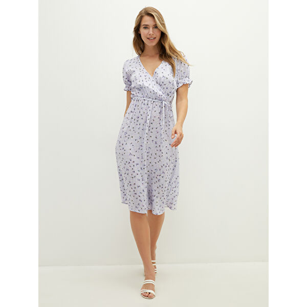 LCW CLASSIC Kruvaze Yaka Desenli Kısa Kollu A Kesim Viskon Kadın Elbise