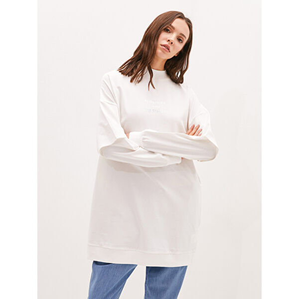 MODEST Yarım Balıkçı Yaka Baskılı Uzun Kollu Pamuklu Kadın Tunik