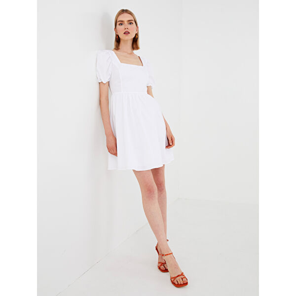 LCW VISION Kare Yaka Düz Balon Kollu Poplin Kadın Elbise