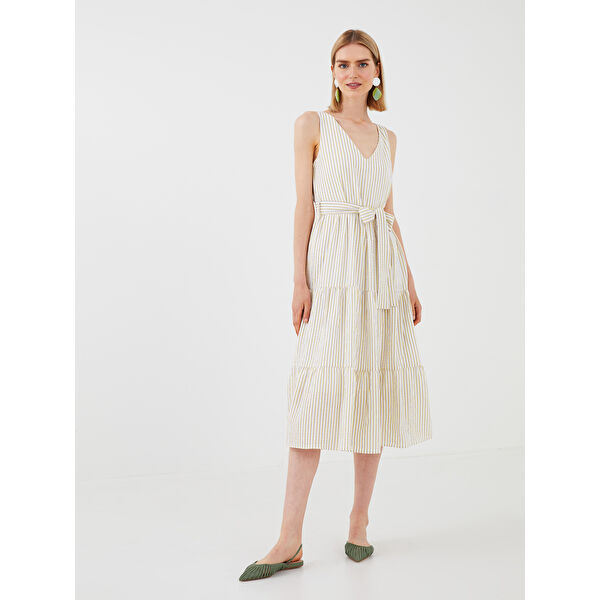 LCW VISION V Yaka Çizgili Beli Kemer Detaylı Gofre Kumaş Kadın Elbise