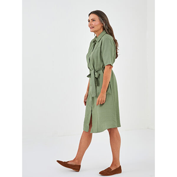 LCW GRACE Gömlek Yaka Düz Beli Kuşaklı Kısa Kollu Kadın Elbise