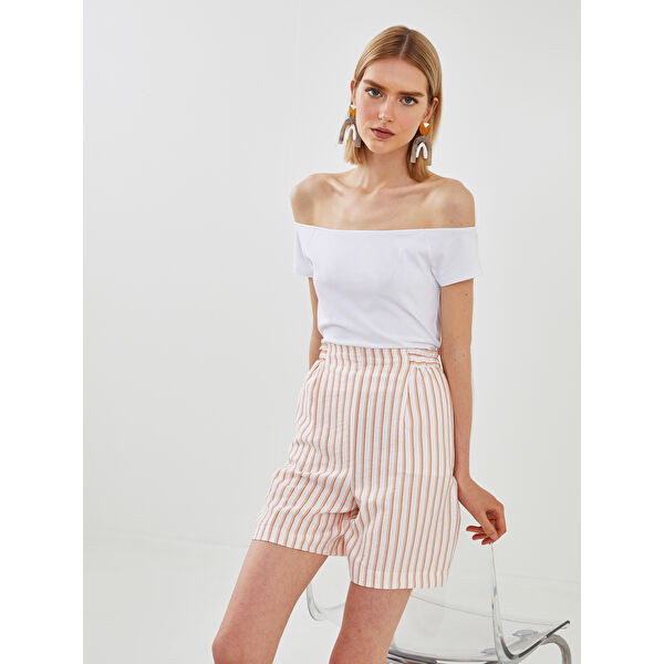 LCW VISION Beli Lastikli Çizgili Keten Kadın Şort