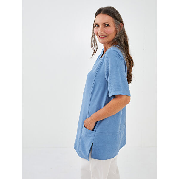 LCW GRACE V Yaka Düz Keten Görünümlü Kumaş Kadın Tunik
