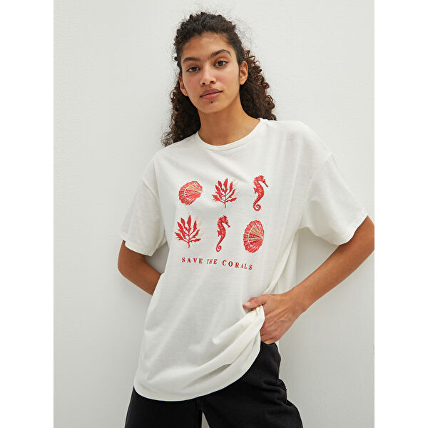 LCW GREEN Bisiklet Yaka Baskılı Kısa Kollu Kadın Tişört