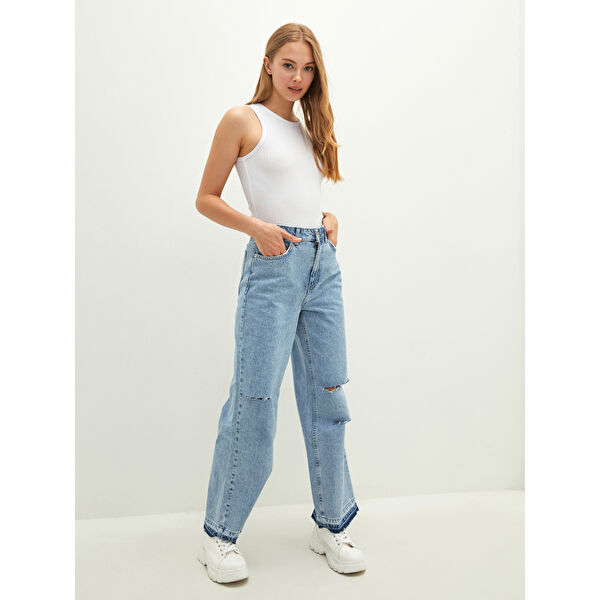 Yüksek Bel Cepli Yırtık Detaylı Kadın Rodeo Jean Pantolon
