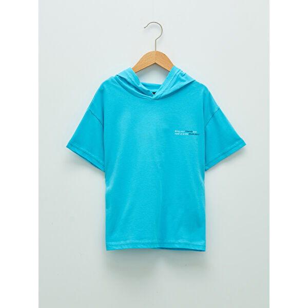 Kapüşonlu Slogan Baskılı Kısa Kollu Erkek Çocuk Tişört