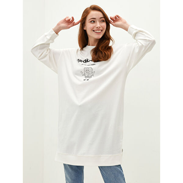 MODEST Bisiklet Yaka Sünger Bob Baskılı Uzun Kollu Kadın Tunik