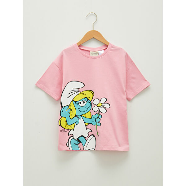 Bisiklet Yaka Şirine Baskılı Kısa Kollu Pamuklu Kız Tişört