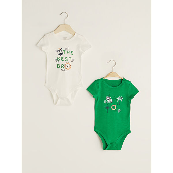 Bisiklet Yaka Kısa Kollu Baskılı Pamuklu Unisex Bebek Çıtçıtlı Body 2'li