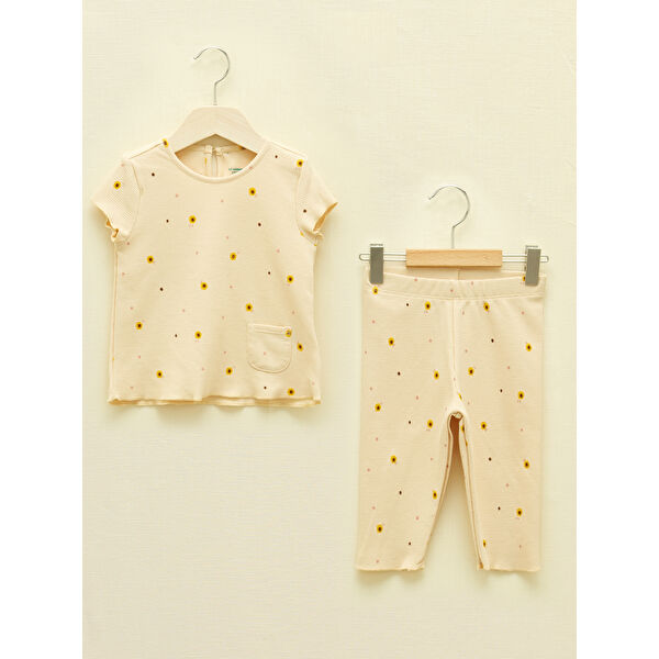 Bisiklet Yaka Kısa Kollu Baskılı Kız Bebek Tişört ve Şort 2'li Takım