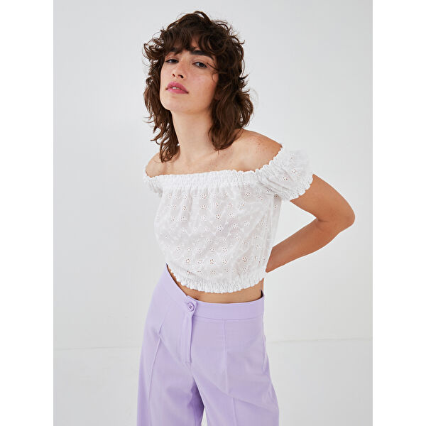 XSIDE U Yaka Nakışlı Kısa Kollu Crop Pamuklu Kadın Bluz