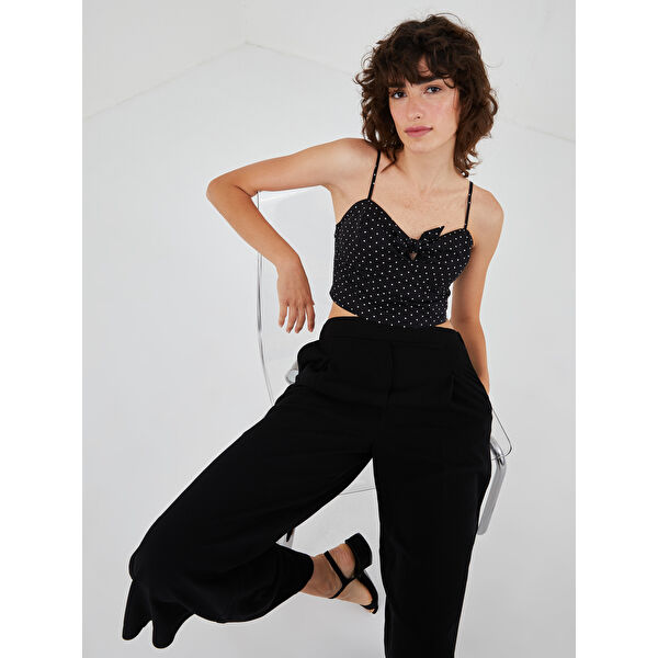 Puantiyeli İp Askılı Crop Poplin Kadın Bluz