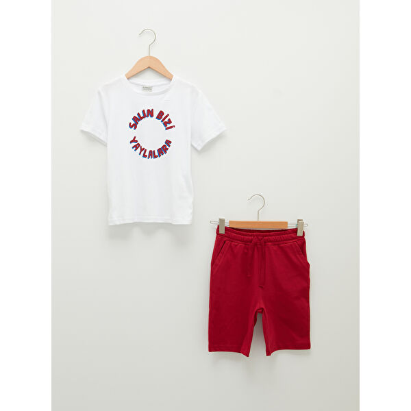 Bisiklet Yaka Slogan Yazı Baskılı Kısa Kollu Pamuklu Erkek Çocuk Tişört ve Şort