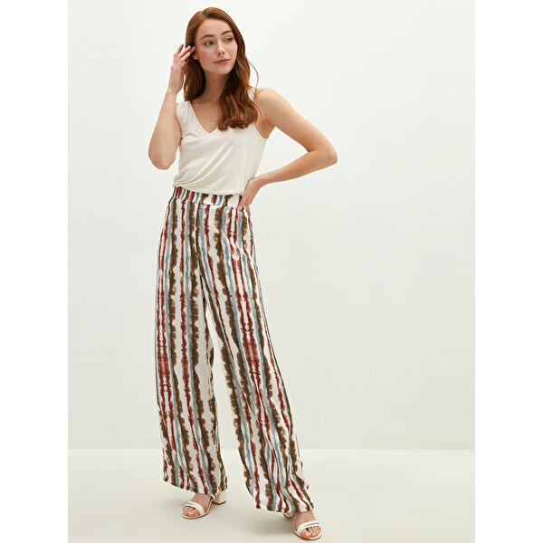 Yüksek Bel Desenli Geniş Paça Viskon Kadın Pantolon
