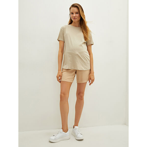 Beli Lastikli Düz Cep Detaylı Keten Karışımlı Kumaş Hamile Şort