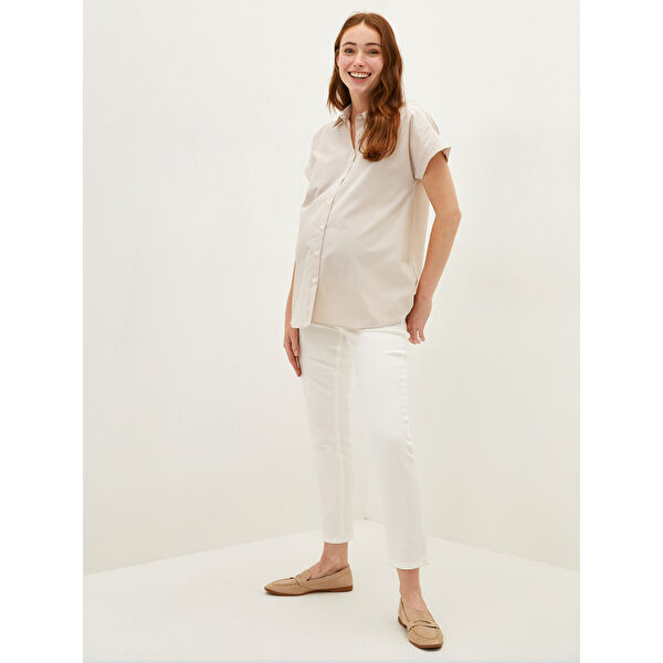 Önden Düğmeli Çizgili Kısa Kollu Keten Kumaş Hamile Gömlek