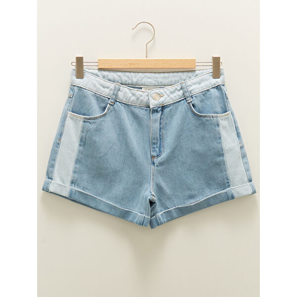 Renk Bloklu Pamuklu Kız Çocuk Jean Şort