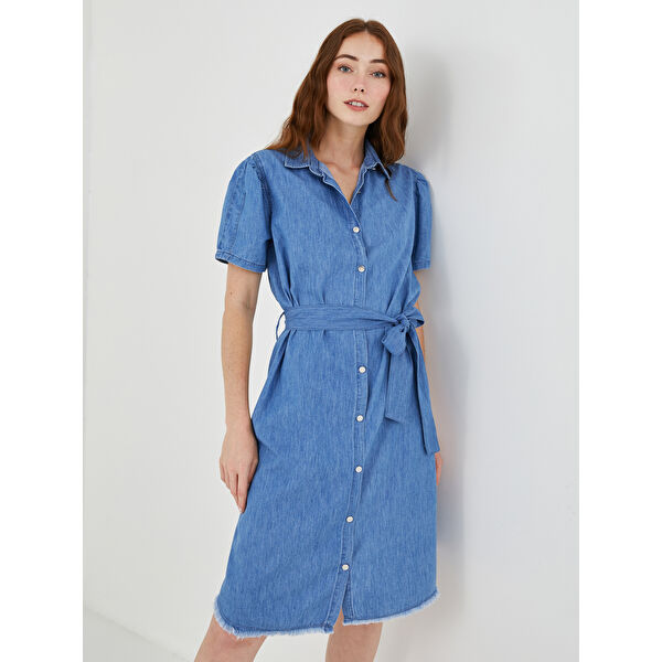 LCW CLASSIC Gömlek Yaka Düz Kısa Kollu Beli Kemerli Kadın Jean Elbise